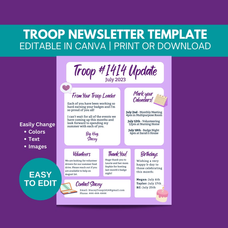 Troop Newsletter Template | School Club Update | Editable in Canva | 8. ...