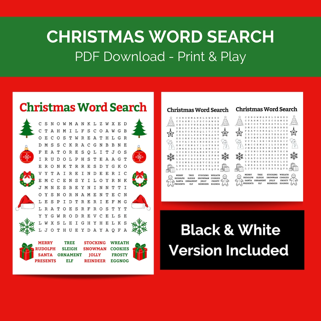 Christmas Word Search for Kids | Printable Game | Black & White - Etsy
