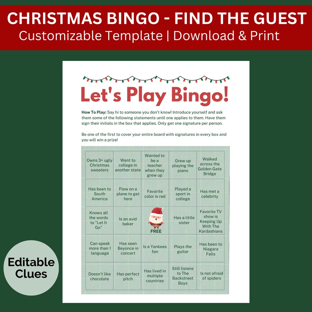 Christmas Human Bingo Card | Find the Guest Bingo | Editable ...