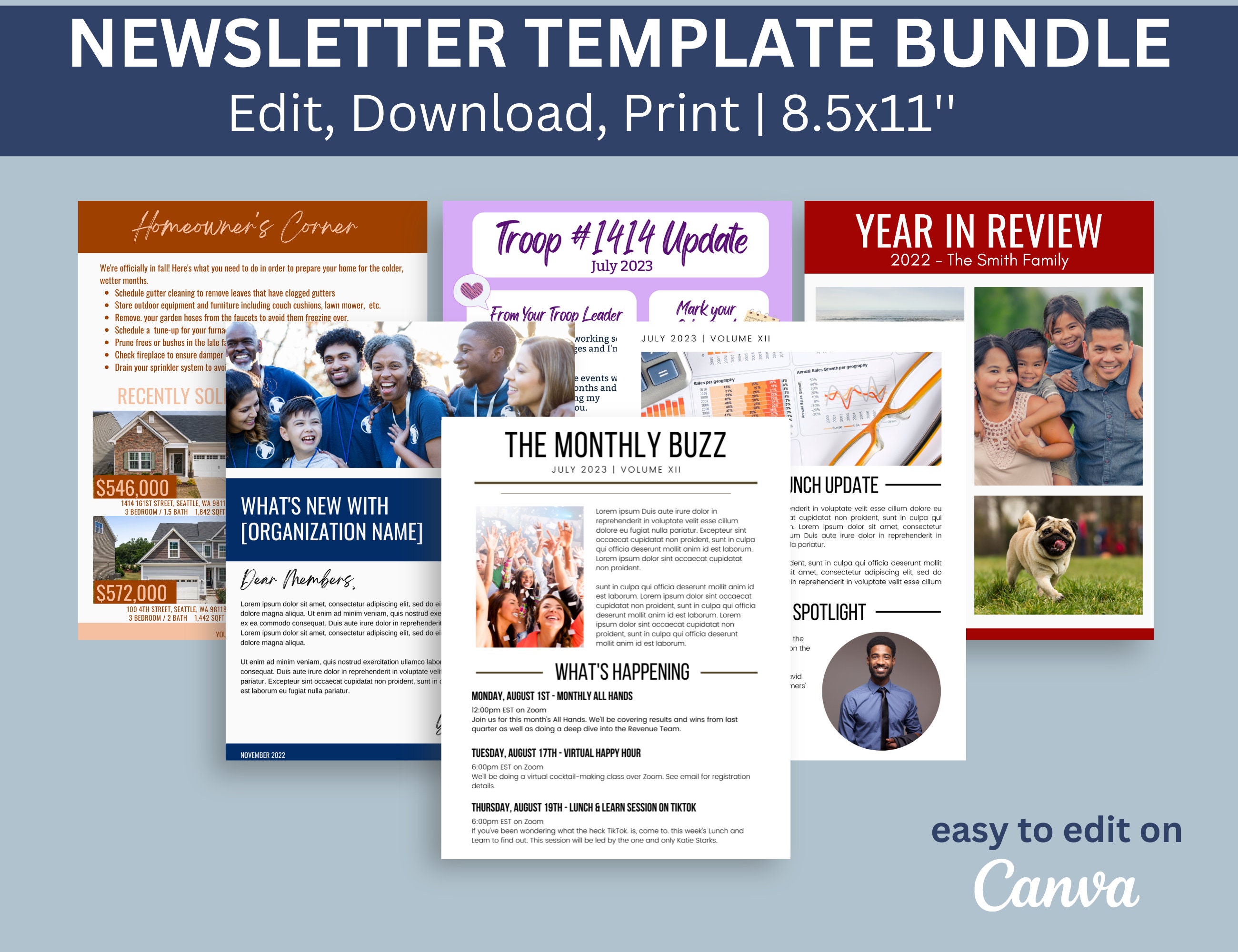 Newsletter Template Bundle 5 Templates Editable in Canva - Etsy