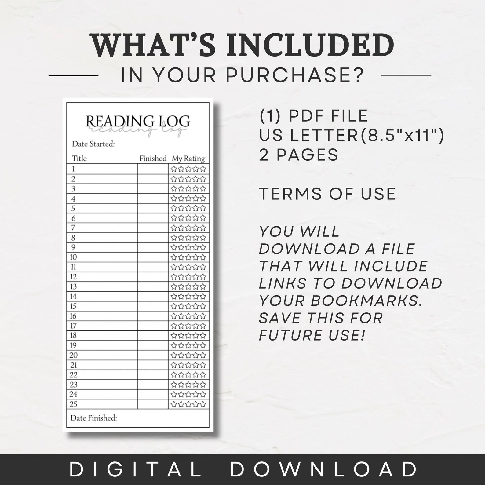 Printable Bookmark Reading Log Reading Tracker Reading Journal - Etsy