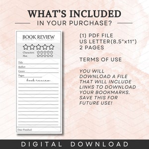 Printable Bookmark Book Review Template Reading Journal Reading Tracker ...