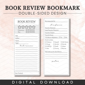 Printable Bookmark Book Review Template Reading Journal Reading Tracker ...