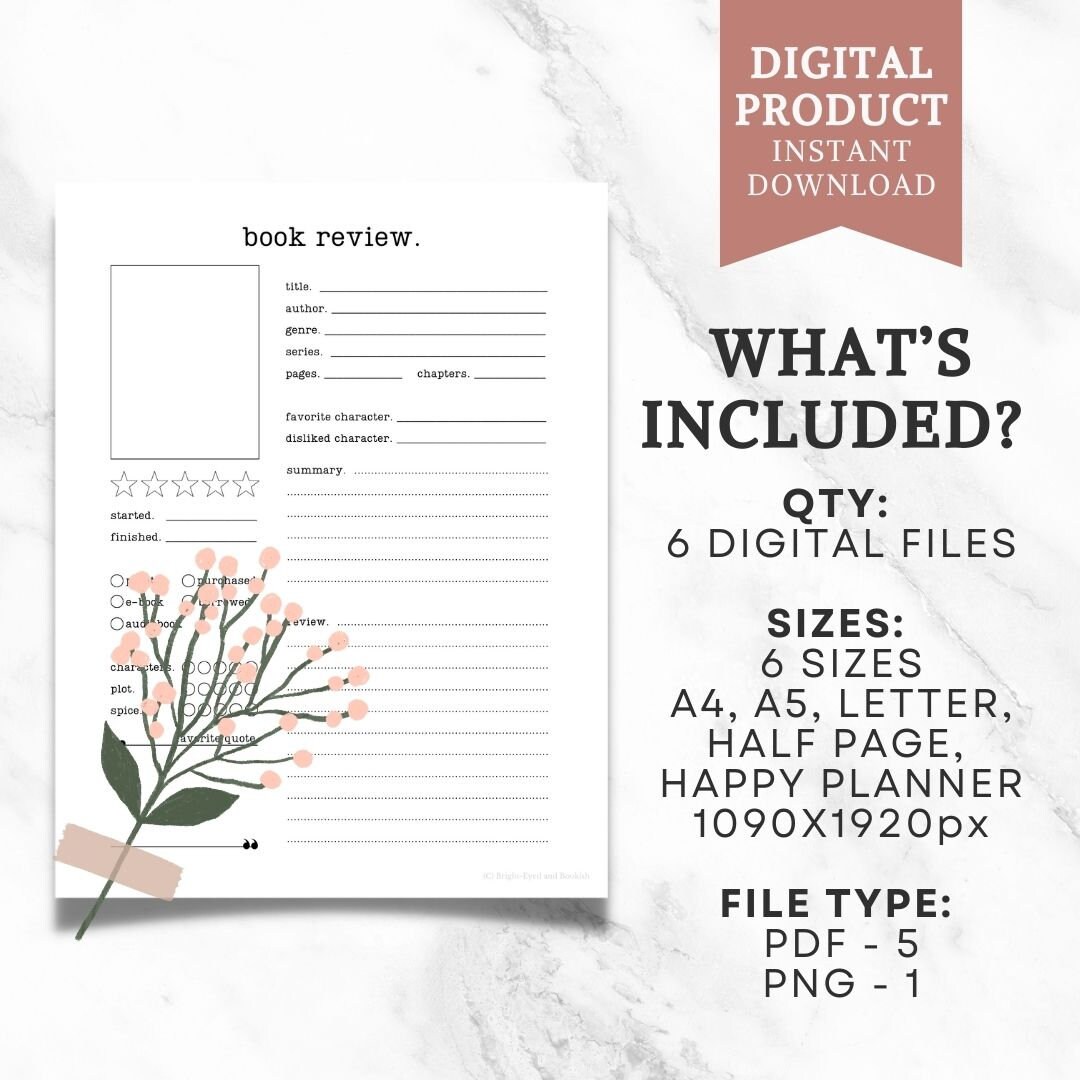 Book Review Template Simple Book Review Printable A4 A5 Letter Half ...