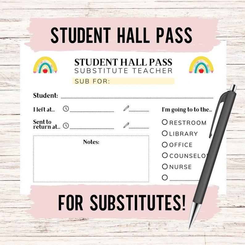 Hall Pass for Classroom Hall Pass for Substitute Teacher Substitute ...