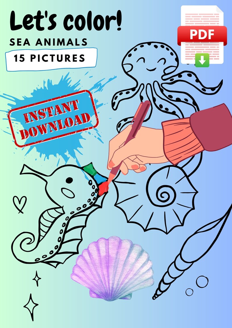 Pictures to Color Sea Creatures Coloring Book Pages to Print Digital ...