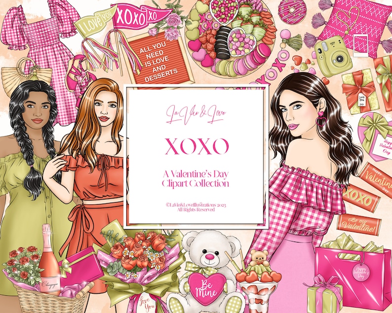 XOXO Valentine's Day Clipart Set, Fashion Girls, Scene Illustrations ...