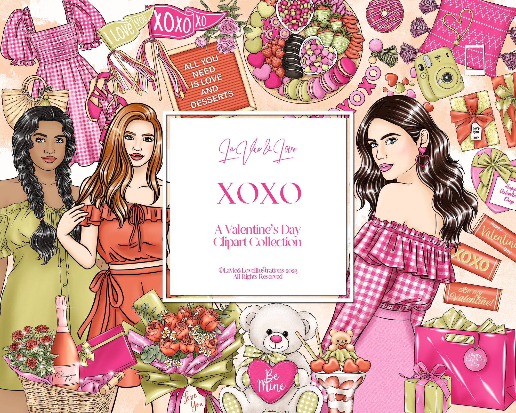 XOXO Valentine's Day Clipart Set, Fashion Girls, Scene Illustrations ...