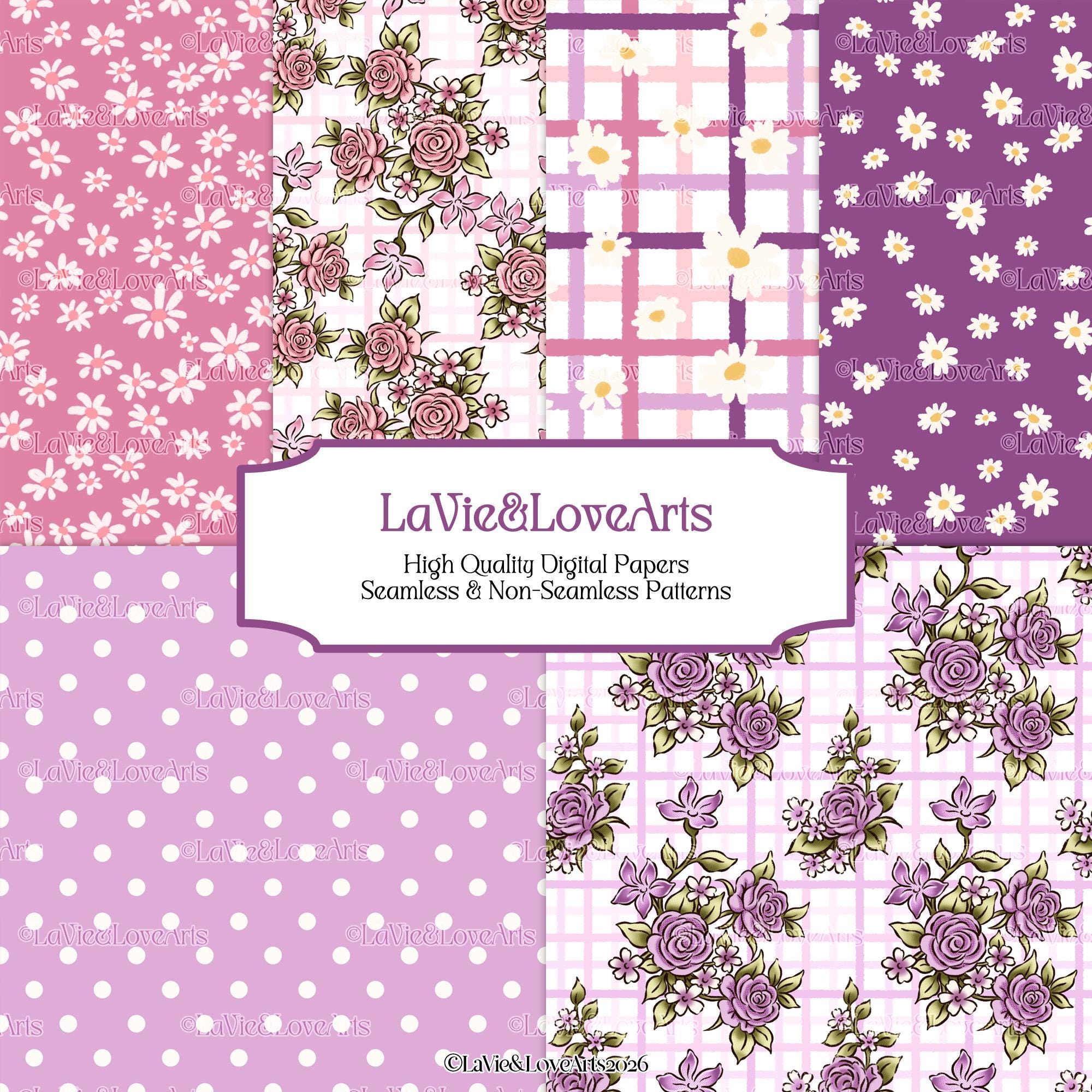Spring Afternoon Digital Paper Pack, Pink & Purple Floral, Abstract ...