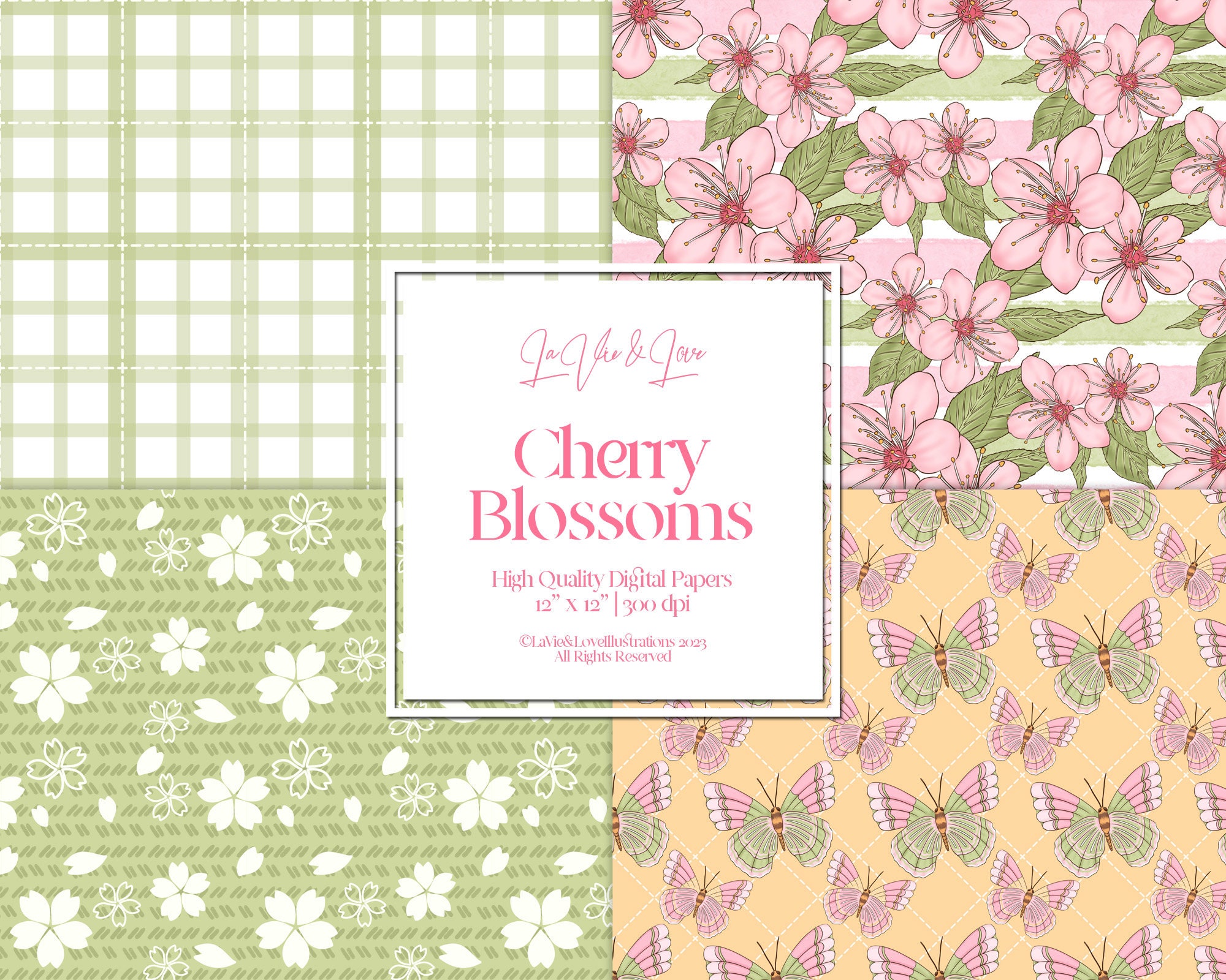 Cherry Blossoms Digital Paper Pack, Seamless Patterns, Sakura Flower ...