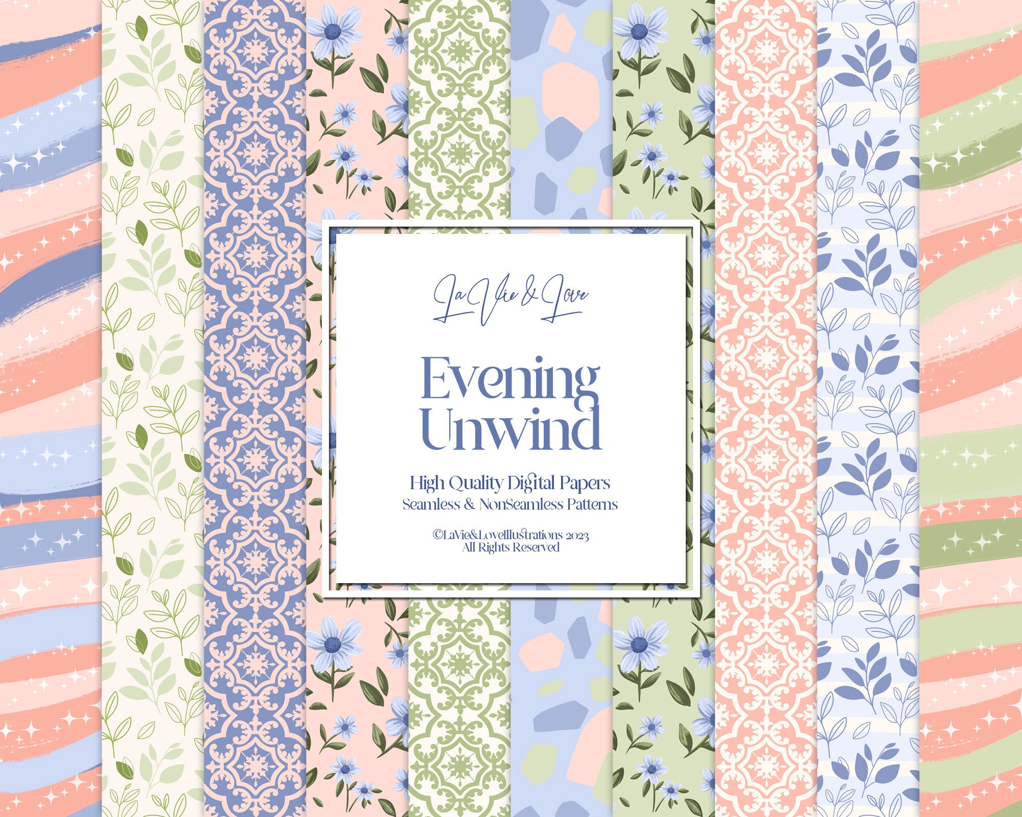 Self Care Digital Paper Pack, Blue Pink Green Abstract Seamless & Non ...