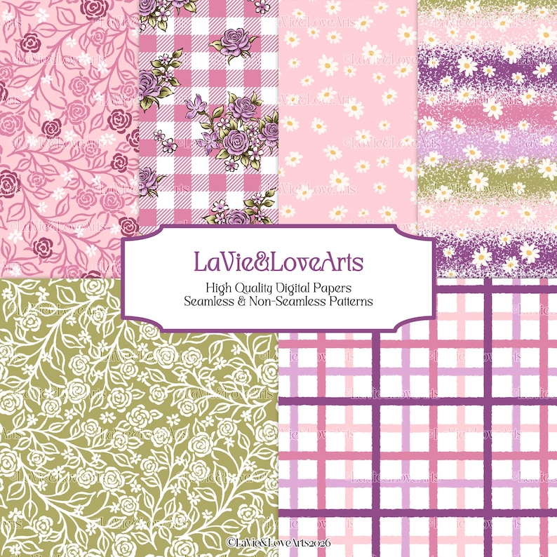 Spring Afternoon Digital Paper Pack, Pink & Purple Floral, Abstract ...