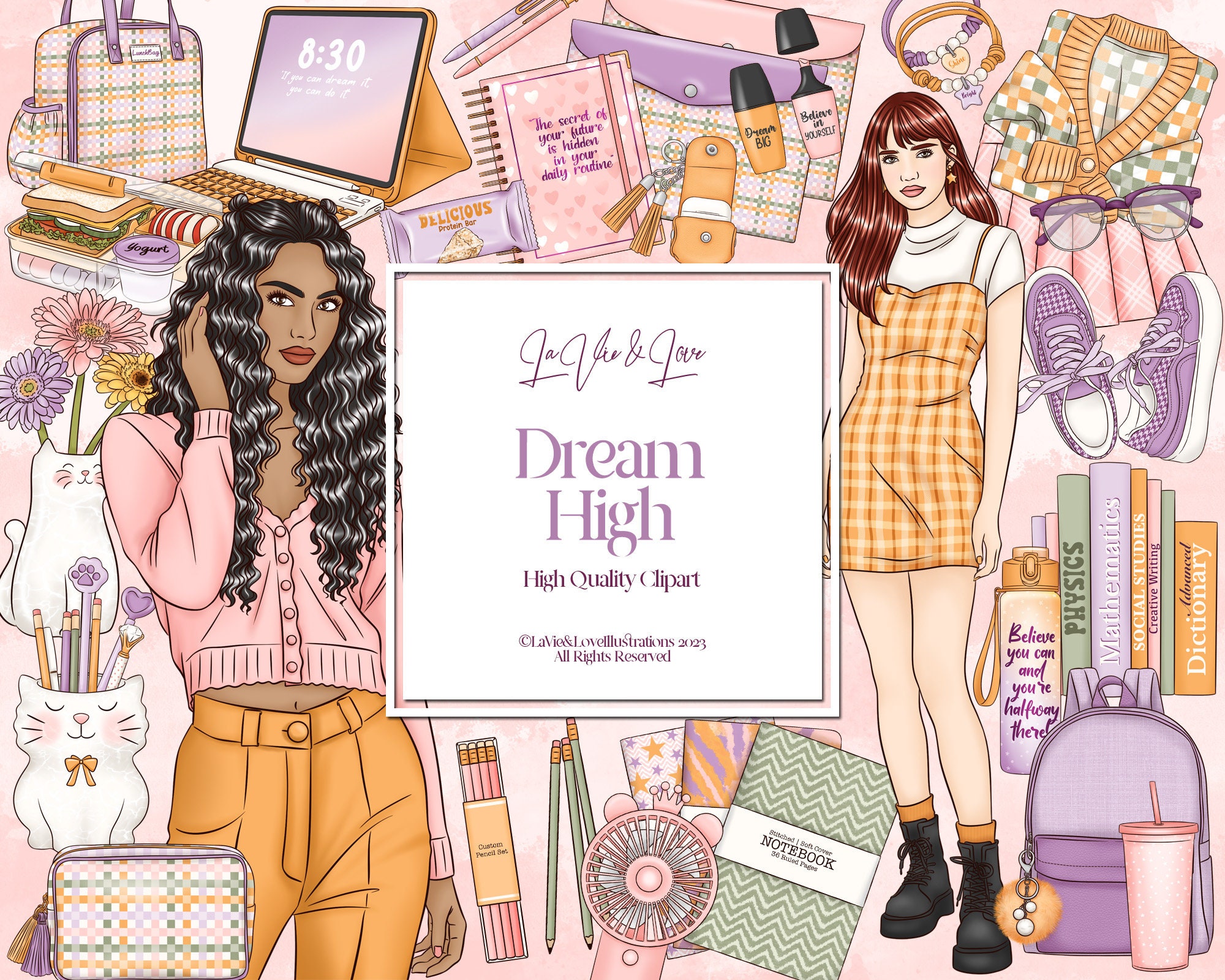 Dream High Clipart Set, Back to School Clipart, Cute Preppy Fashion ...