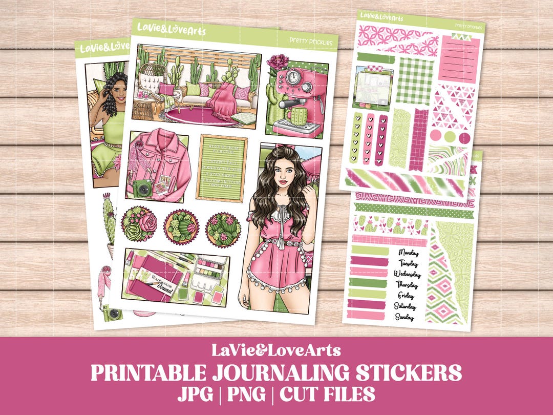Printable Journaling Stickers, Pretty Pricklies, Cute Cacti, Bullet ...