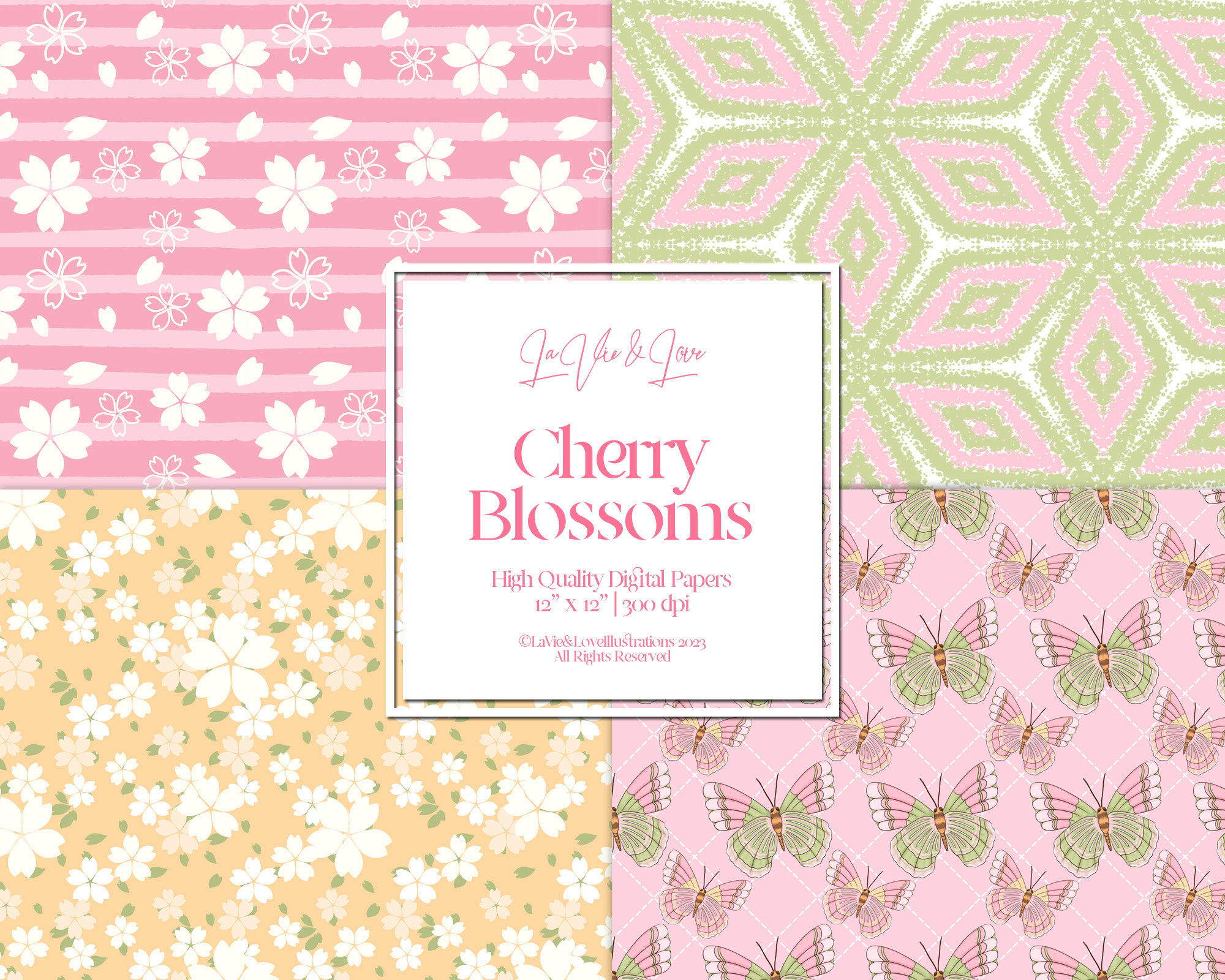 Cherry Blossoms Digital Paper Pack, Seamless Patterns, Sakura Flower ...