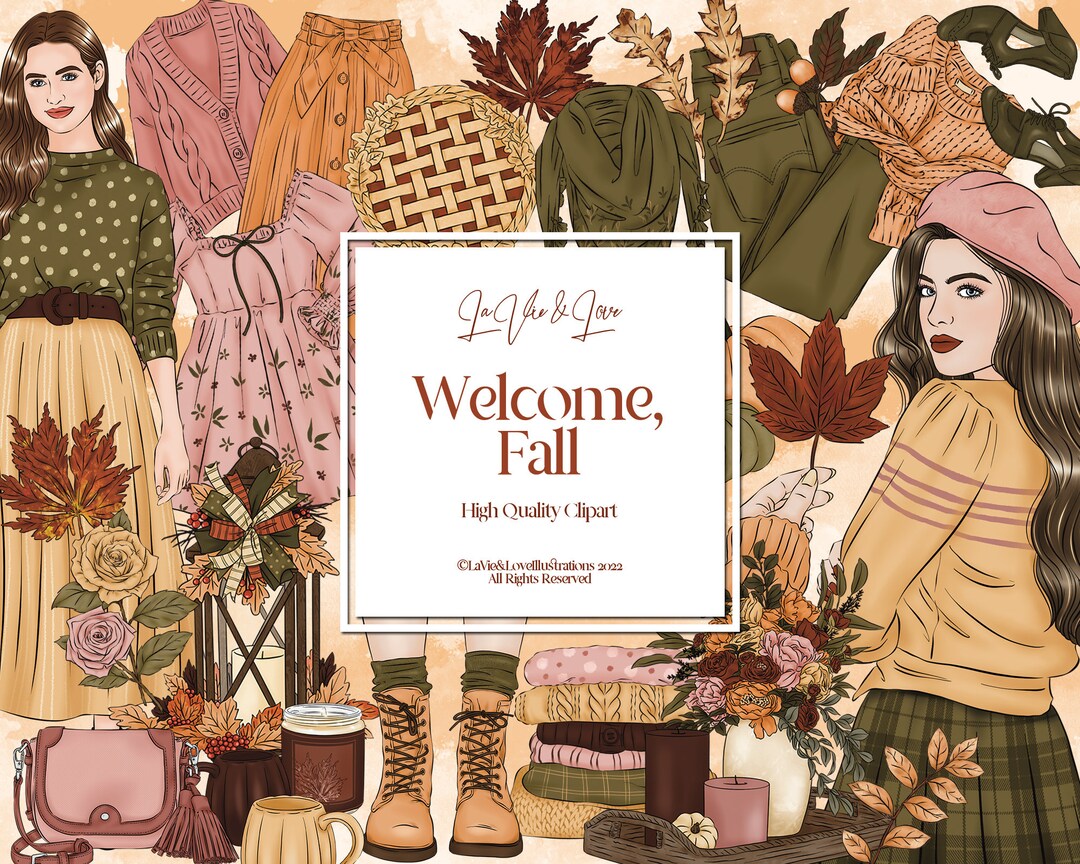 Welcome Fall Digital Clipart, Autumn Leaves, Fall Fashion Girls, Fall ...