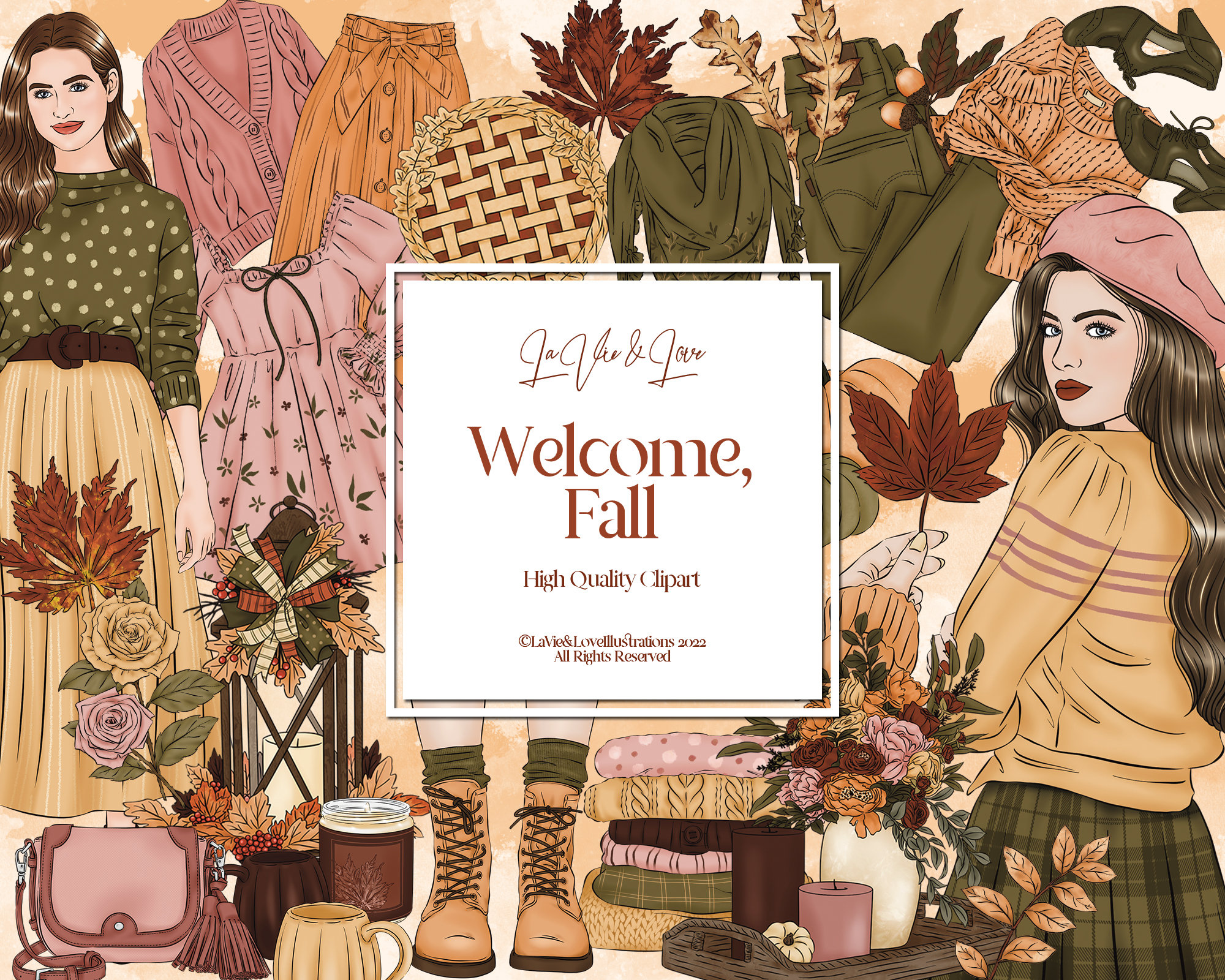 Welcome Fall Digital Clipart, Autumn Leaves, Fall Fashion Girls, Fall ...