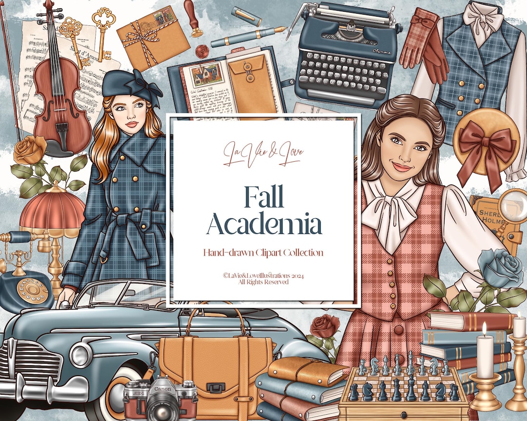 Fall Academia Clipart Set, Dark Academia Fashion, Autumn, Library Scene ...