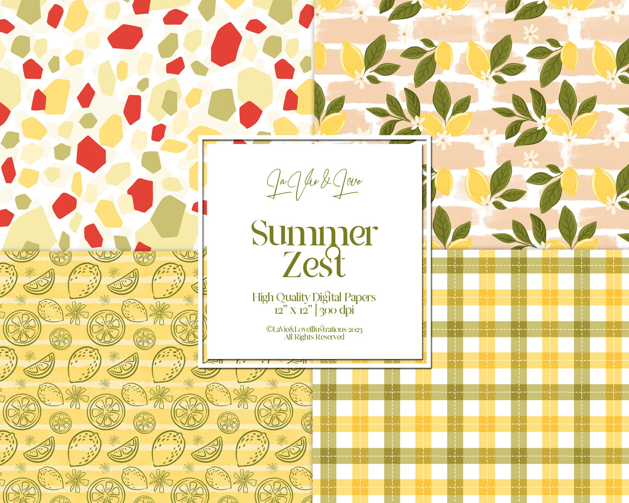 Summer Zest Digital Paper Pack, Yellow Green Red Abstract Seamless ...
