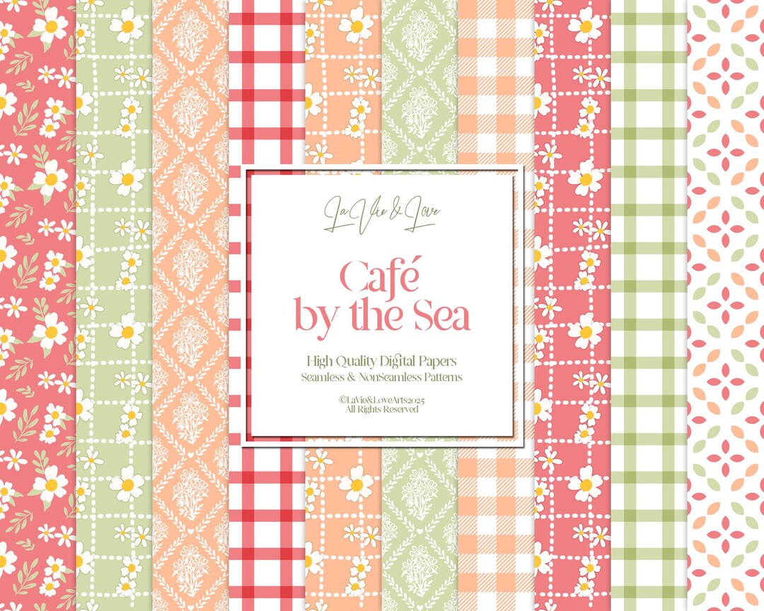 Café by the Sea Digital Paper Pack, Pink, Peach and Green Digital ...