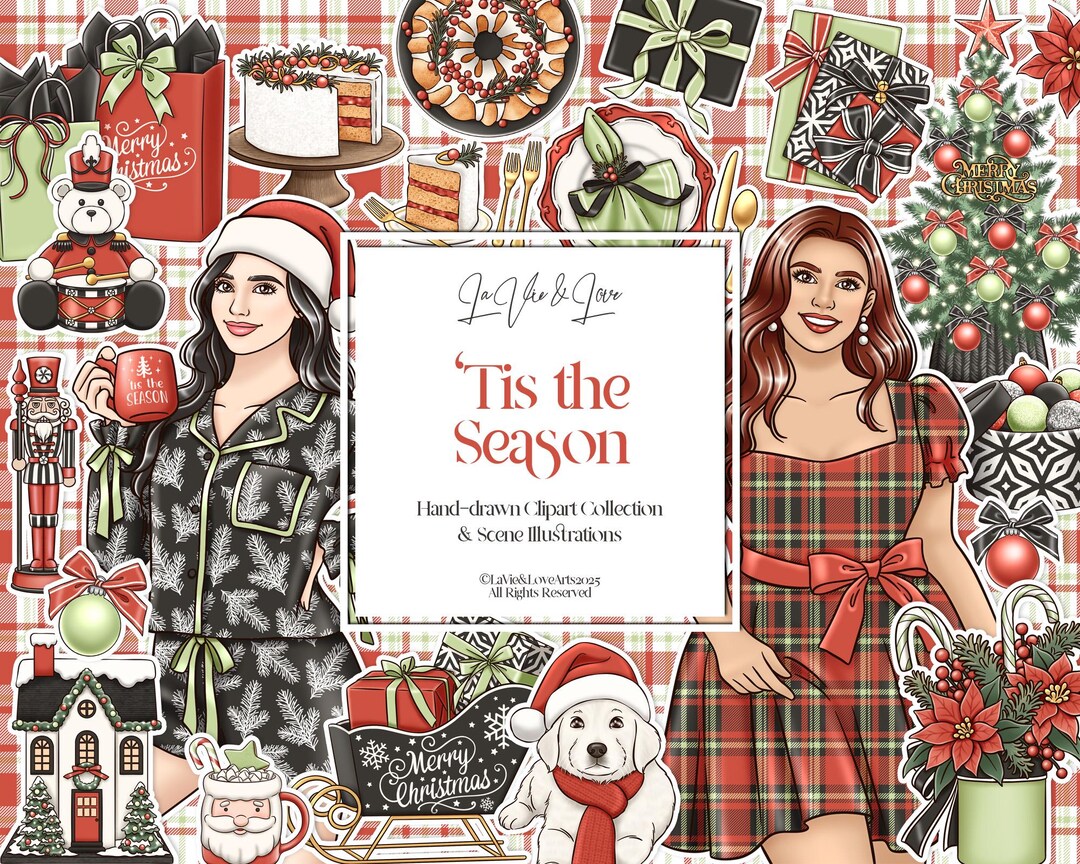 Tis the Season Clipart Set, Festive Christmas Holiday Clipart, Hand ...