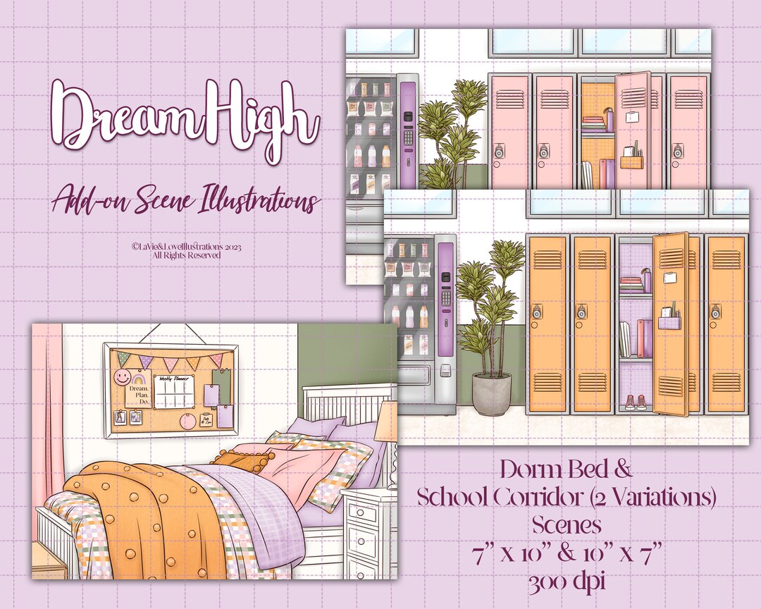 Dream High Scene Illustrations, Preppy Back to School Digital Art, Dorm ...