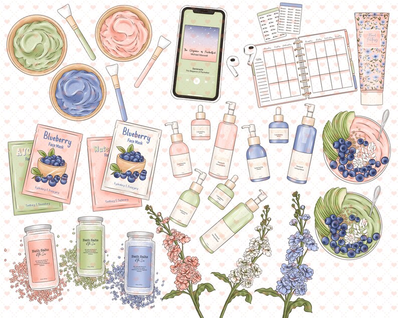 Self Care Clipart Set, Unwind, Relax Home Spa, Wellness Routine Planner ...