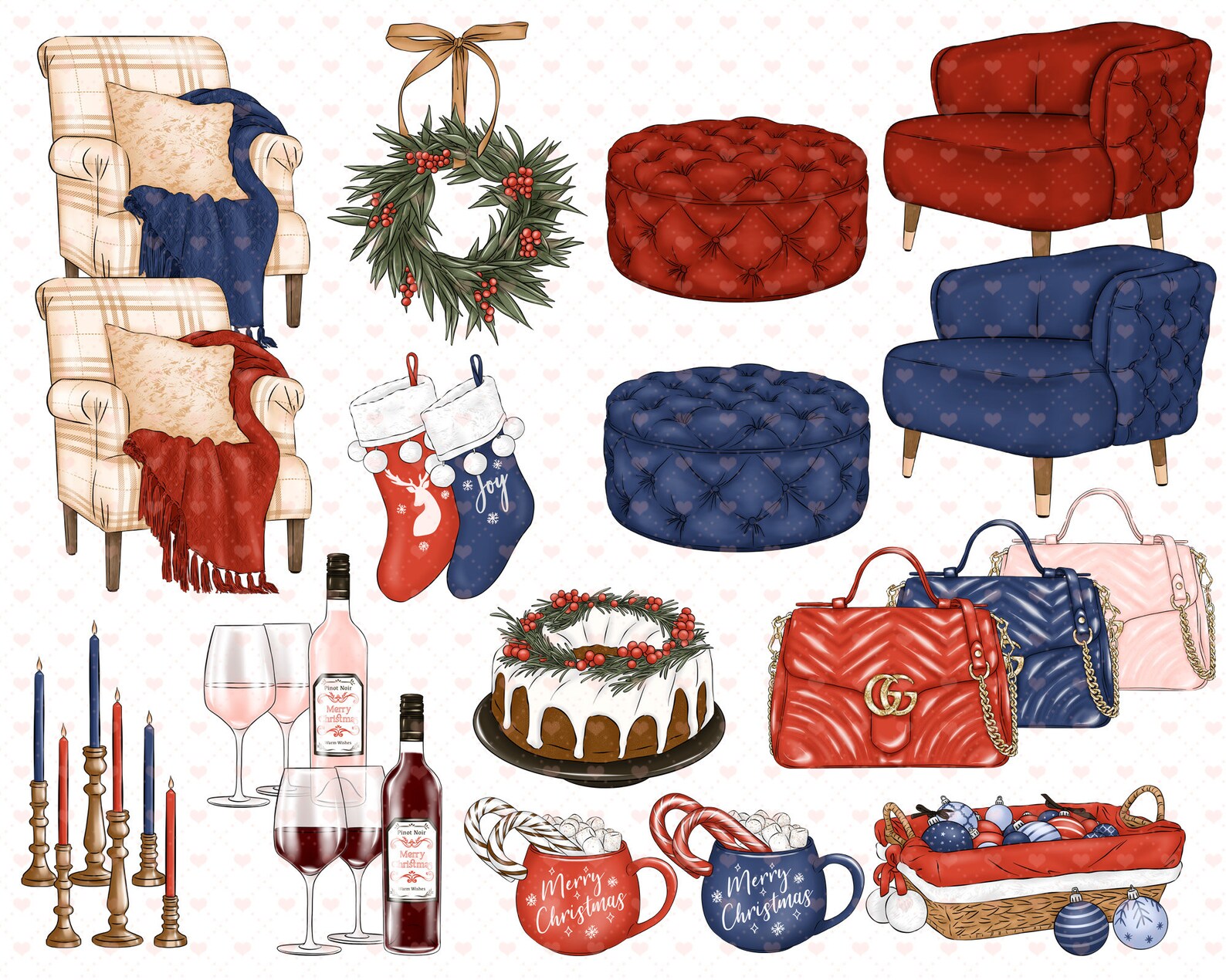 Christmas Clipart Set, Red and Blue Christmas Planner Stickers ...