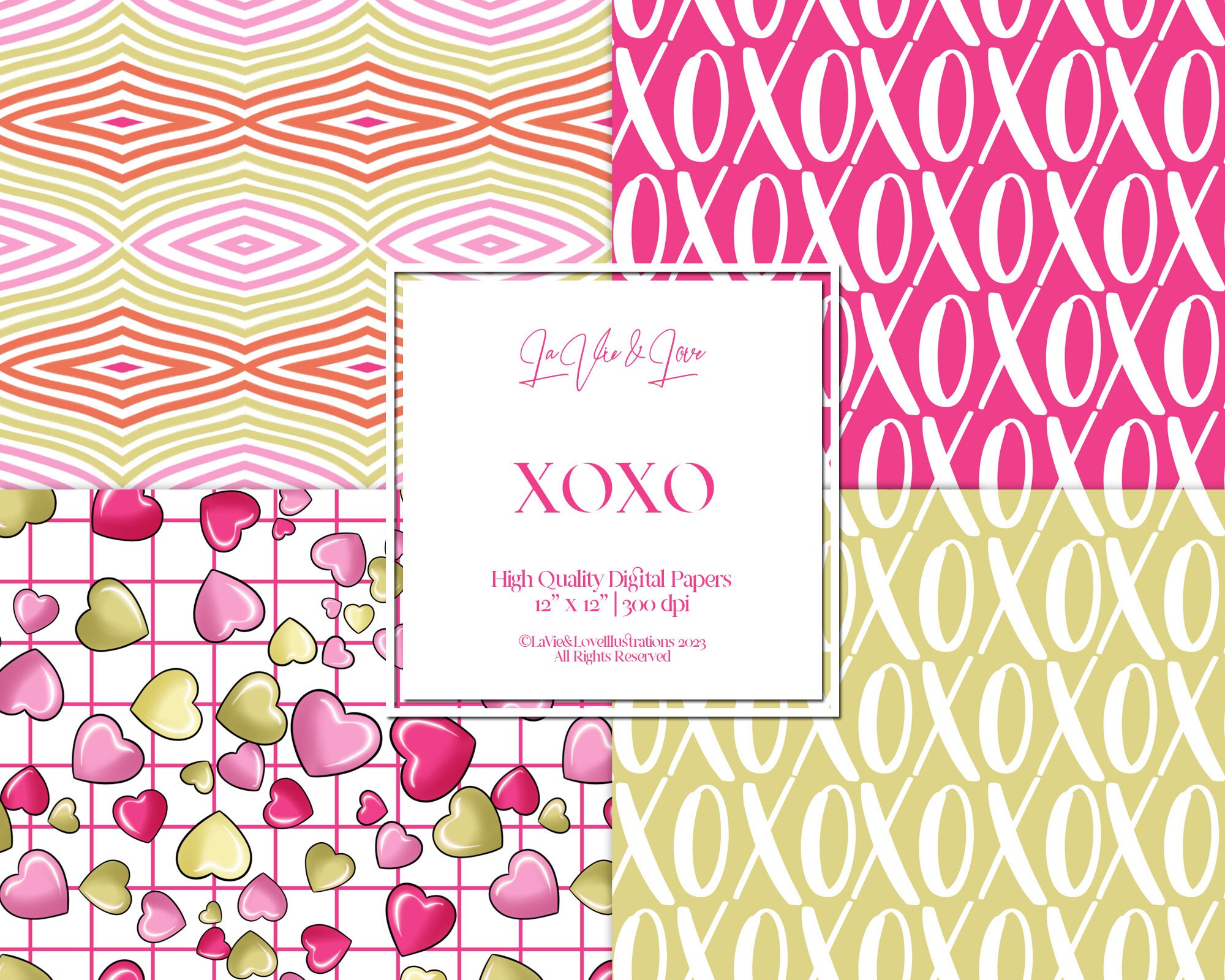 XOXO Valentine's Day Digital Paper Pack, Pink Green and Red Digital ...