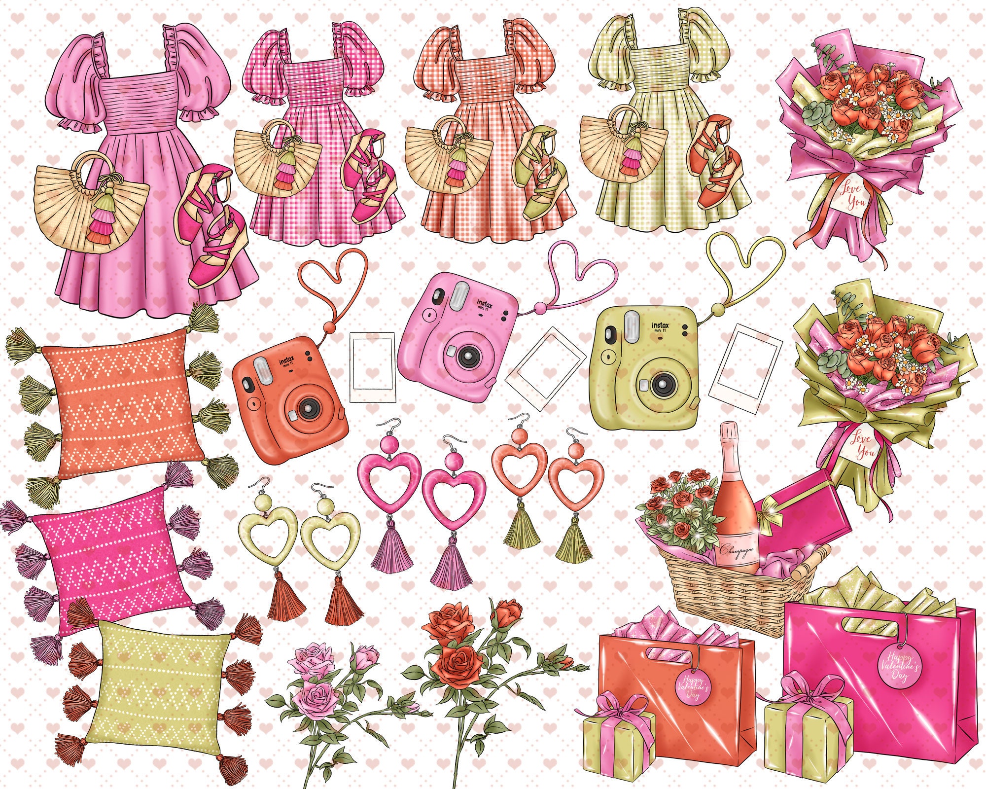 XOXO Valentine's Day Clipart Set, Fashion Girls, Scene Illustrations ...