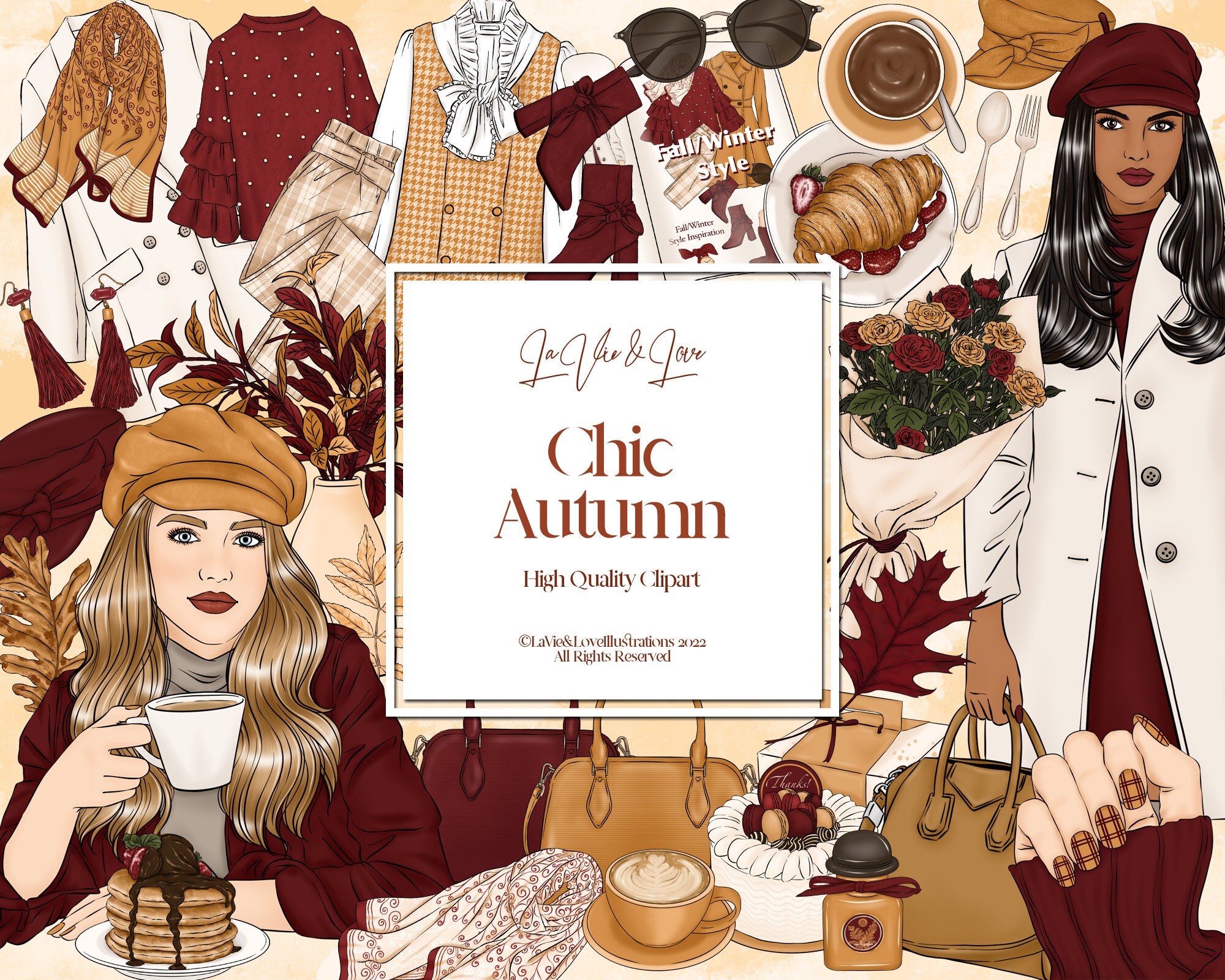 Chic Autumn Clipart, Fall Winter Fashion Girls Outfit Digital ...
