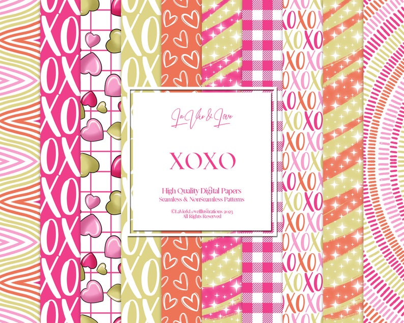 XOXO Valentine's Day Digital Paper Pack, Pink Green and Red Digital ...