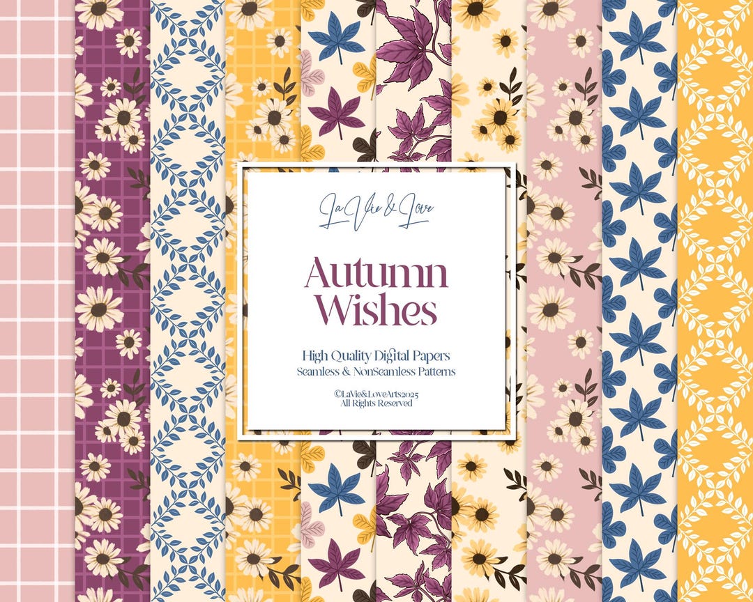 Autumn Wishes Digital Paper Pack, Gold, Blue and Purple Digital Papers ...