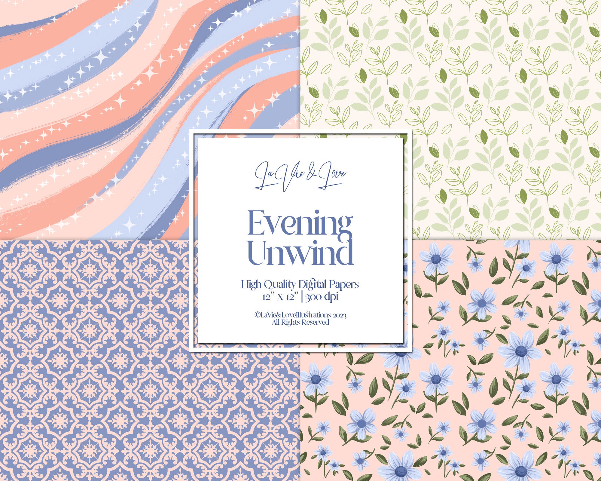 Self Care Digital Paper Pack, Blue Pink Green Abstract Seamless & Non ...