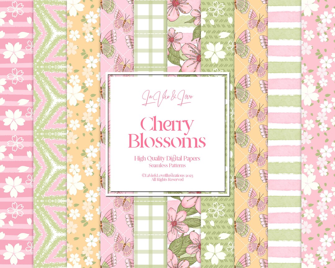 Cherry Blossoms Digital Paper Pack, Seamless Patterns, Sakura Flower ...