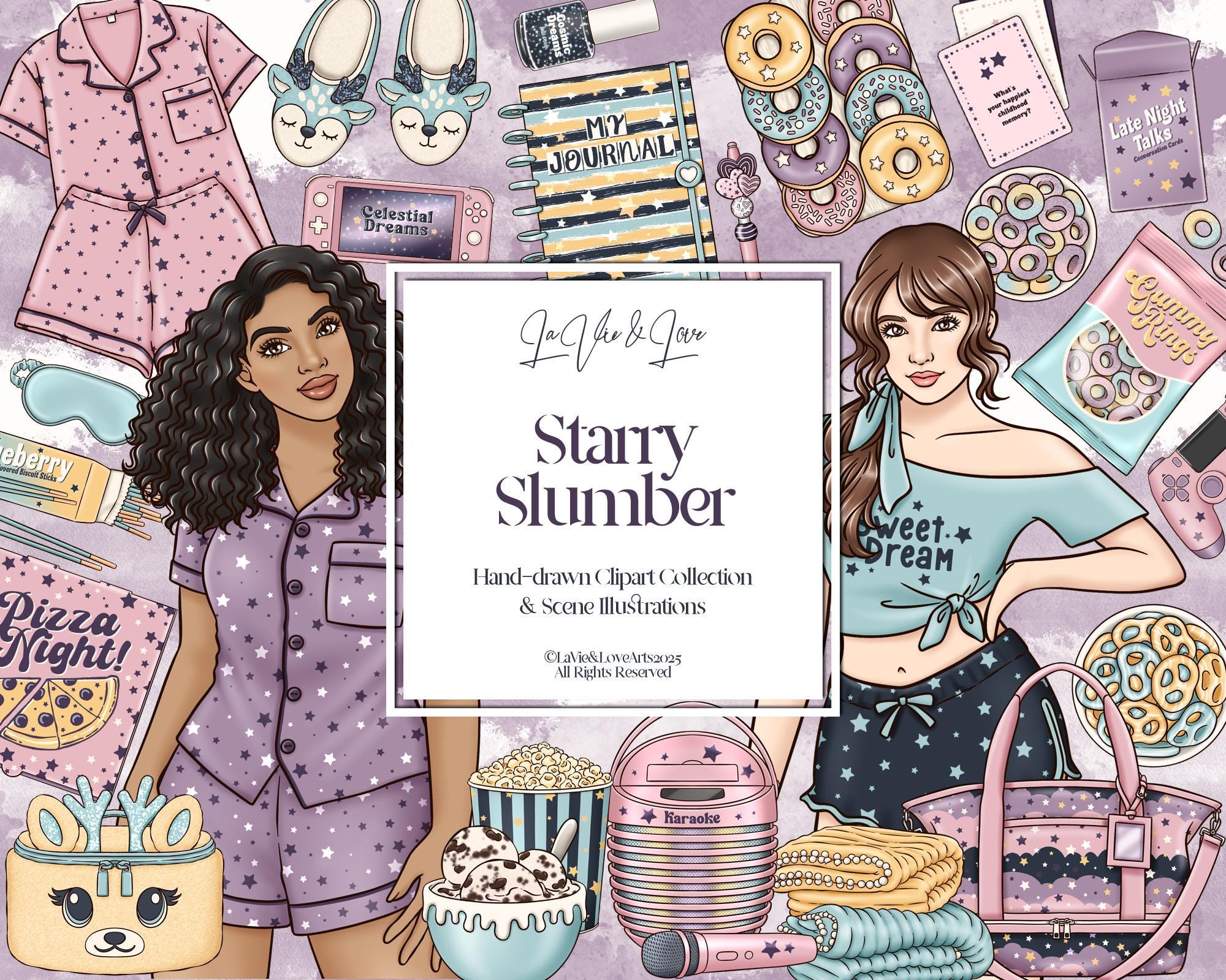 Starry Slumber Clipart Set, Sleepover, Girls' Night In, Pajama Party ...