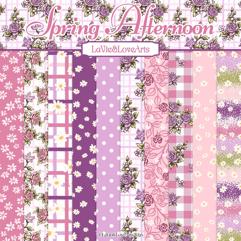 Spring Afternoon Digital Paper Pack, Pink & Purple Floral, Abstract ...