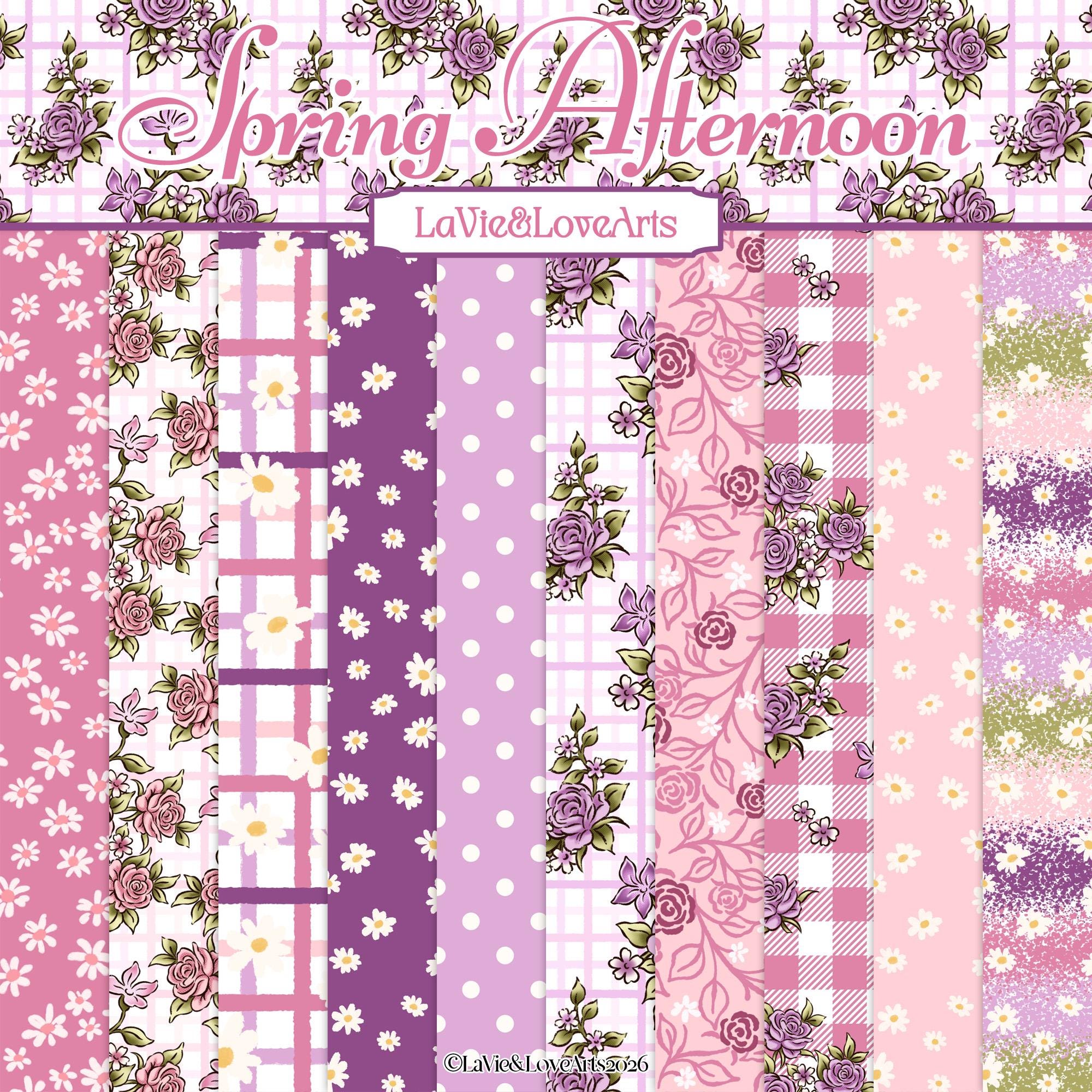 Spring Afternoon Digital Paper Pack, Pink & Purple Floral, Abstract ...
