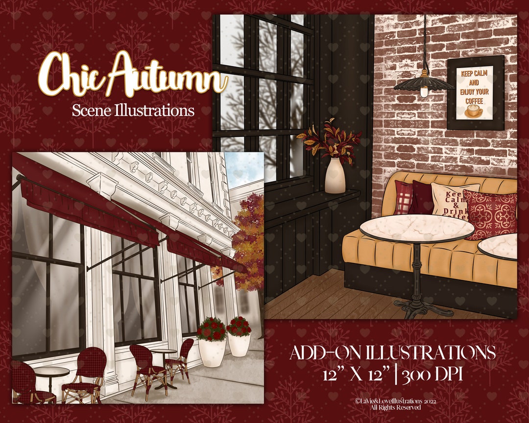 Chic Autumn Café Scene Illustrations, Autumn Outdoor Indoor Scenes, Parisian Café Illustration ...