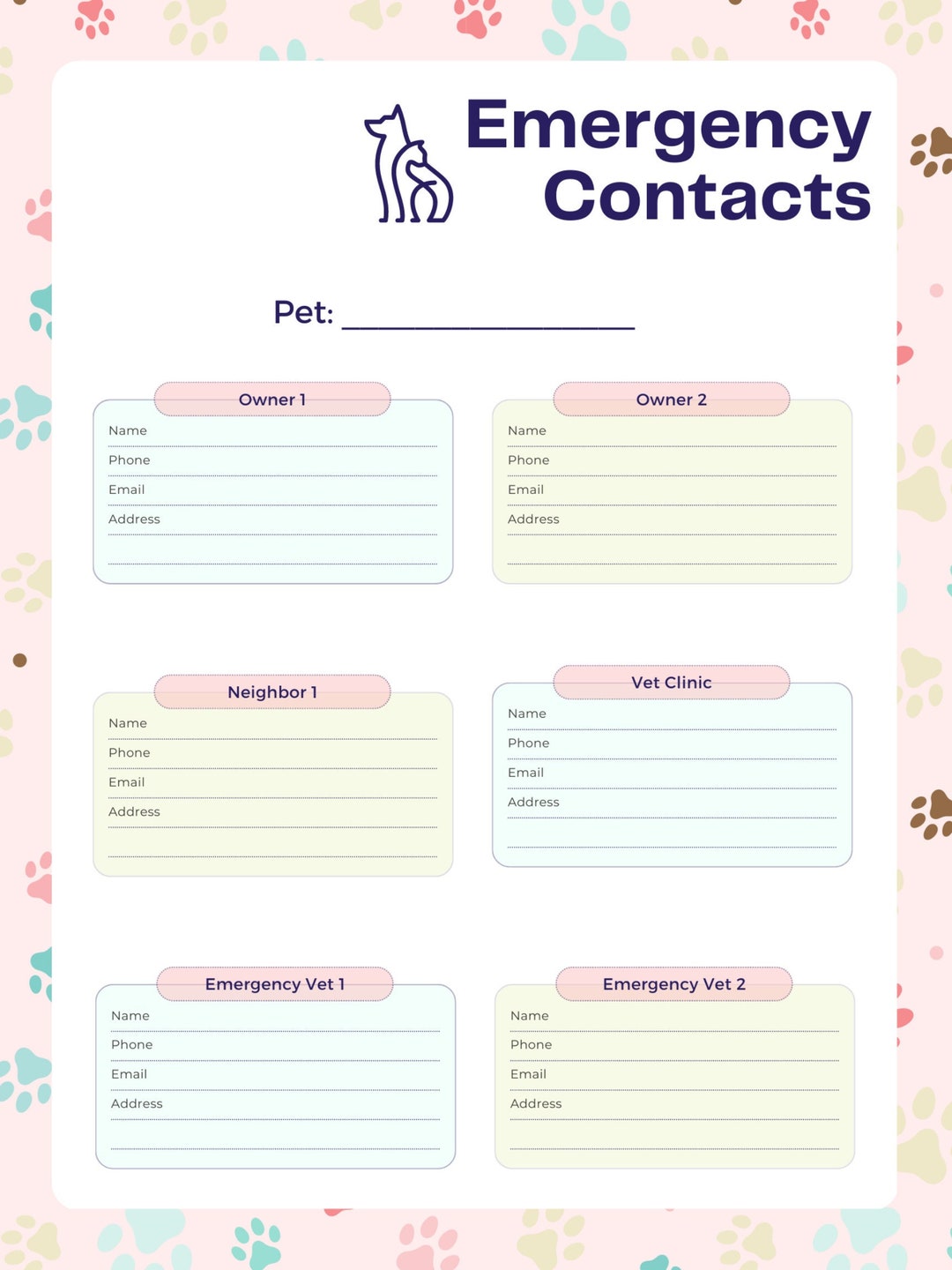 Emergency Contacts - Pet Printable Template - Etsy