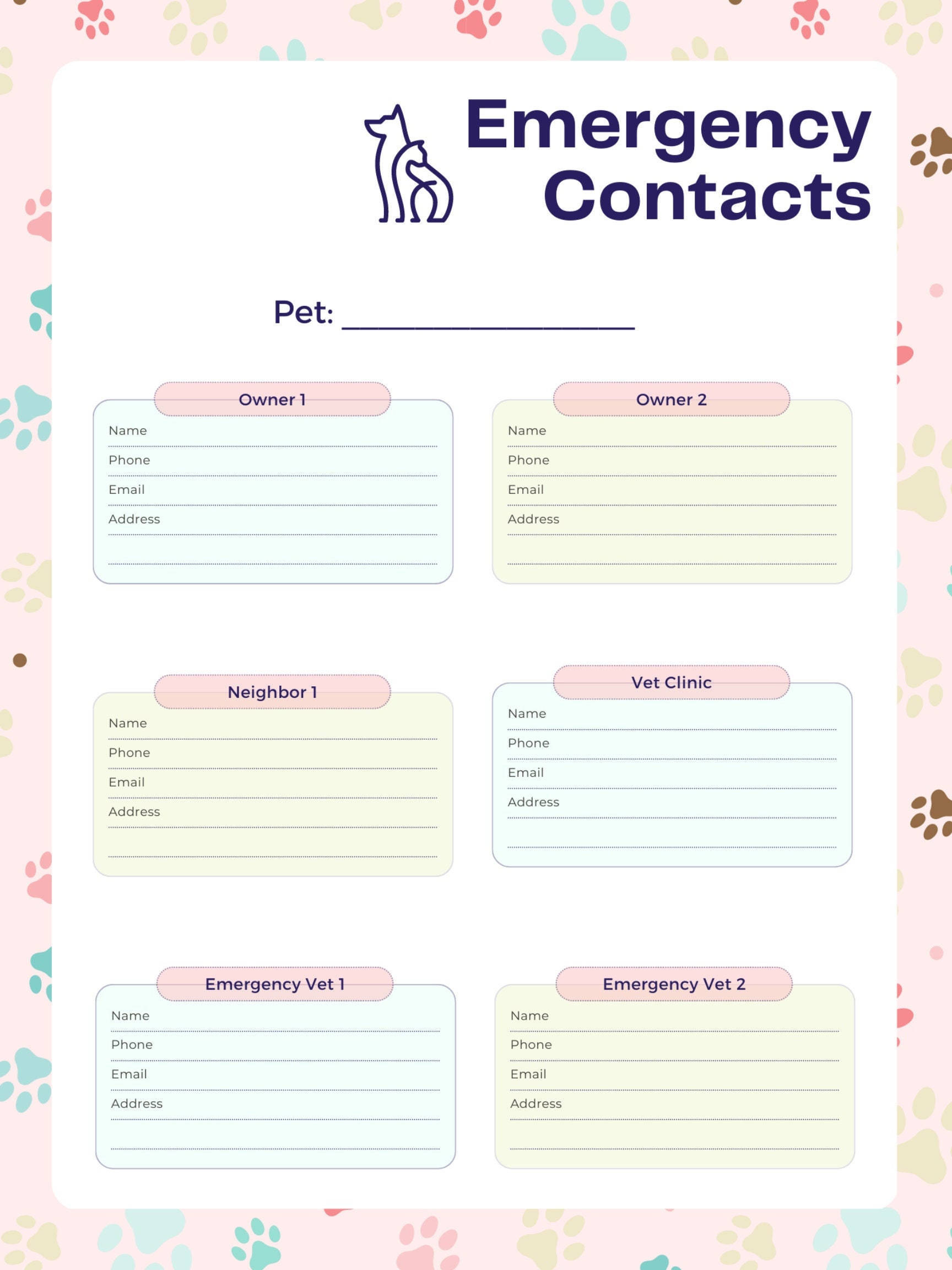 Emergency Contacts - Pet Printable Template - Etsy