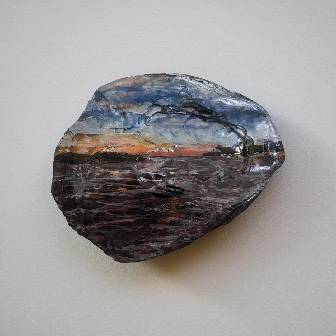 Hand Painted Oyster Shell Art, Sunset Fishing Boat Seascape, Coastal ...