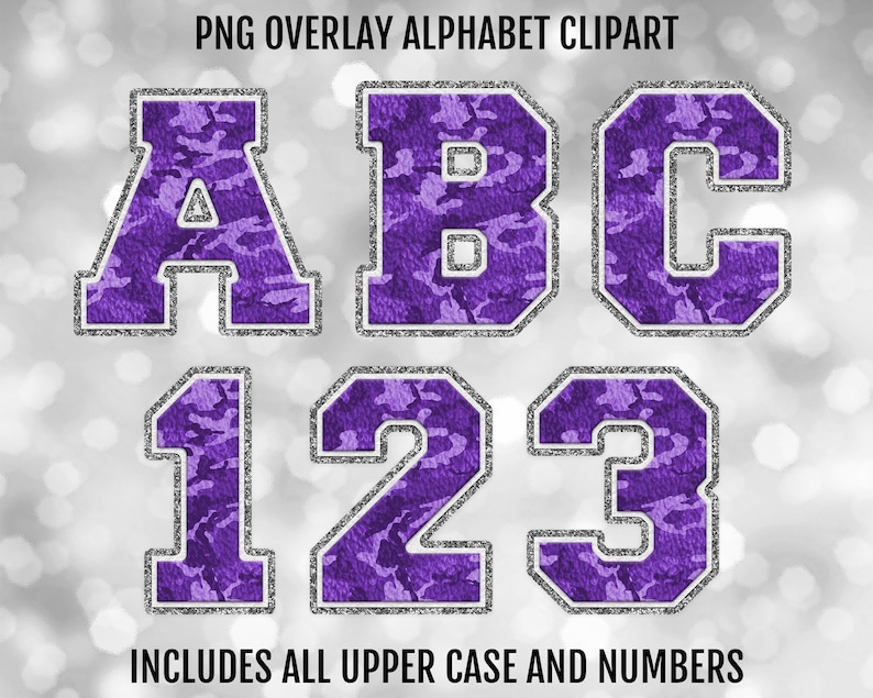 Purple Camo and Silver Glitter Faux Chenille PNG Alphabet Letters and ...