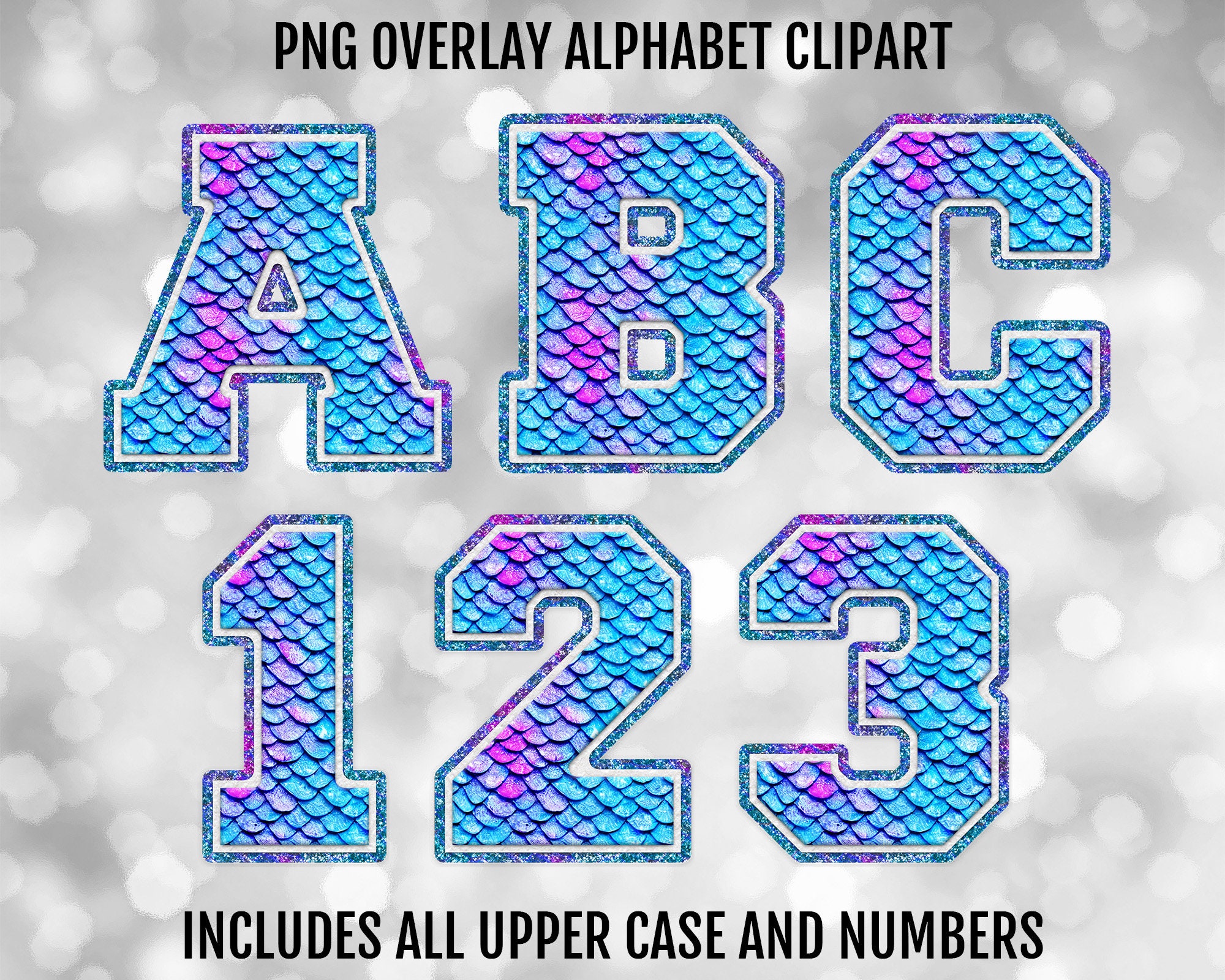 Mermaid Scales and Blue Glitter Faux Scales Chenille PNG Alphabet ...