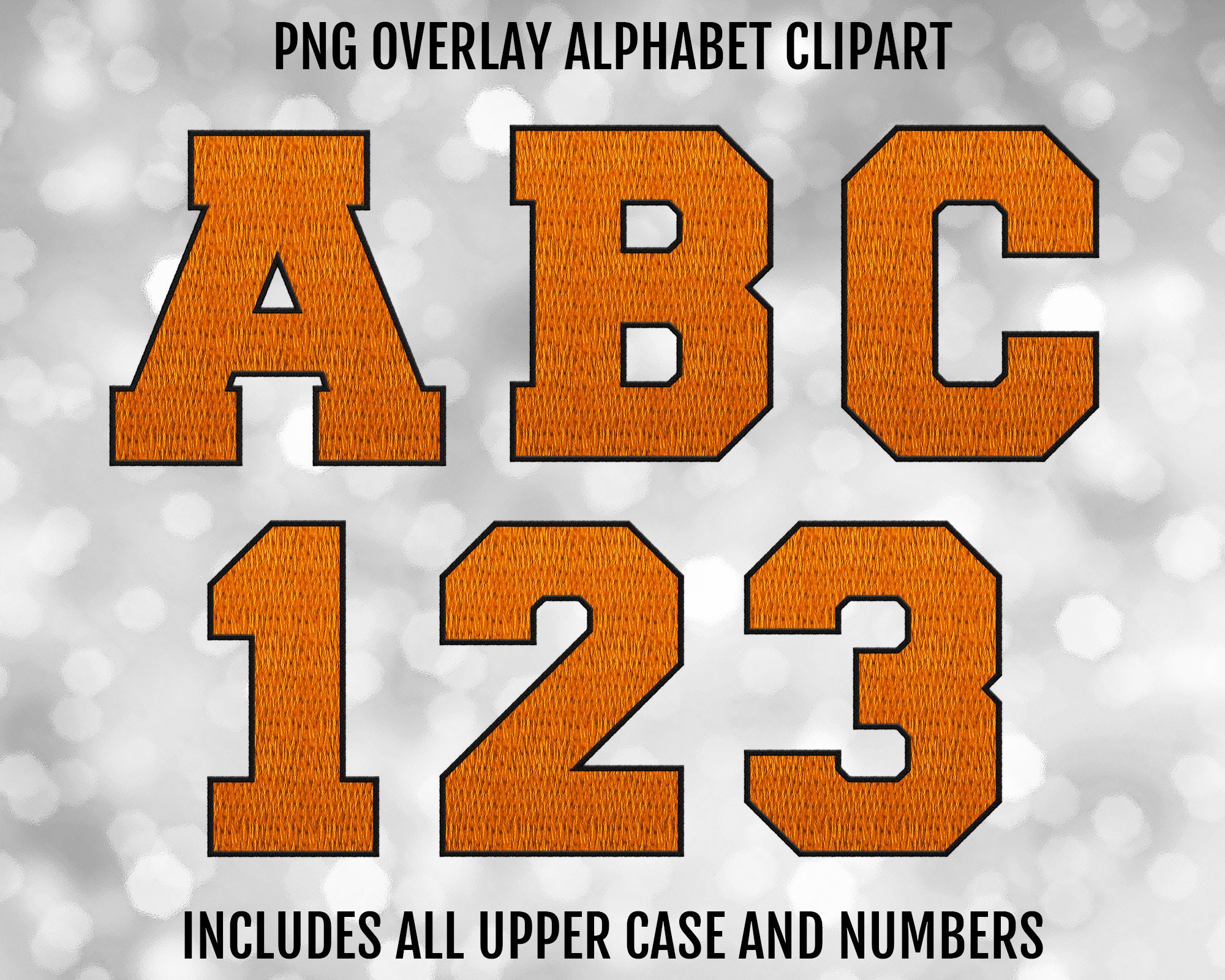 Orange and Black Embroidered Varsity PNG Alphabet Letters and Numbers ...