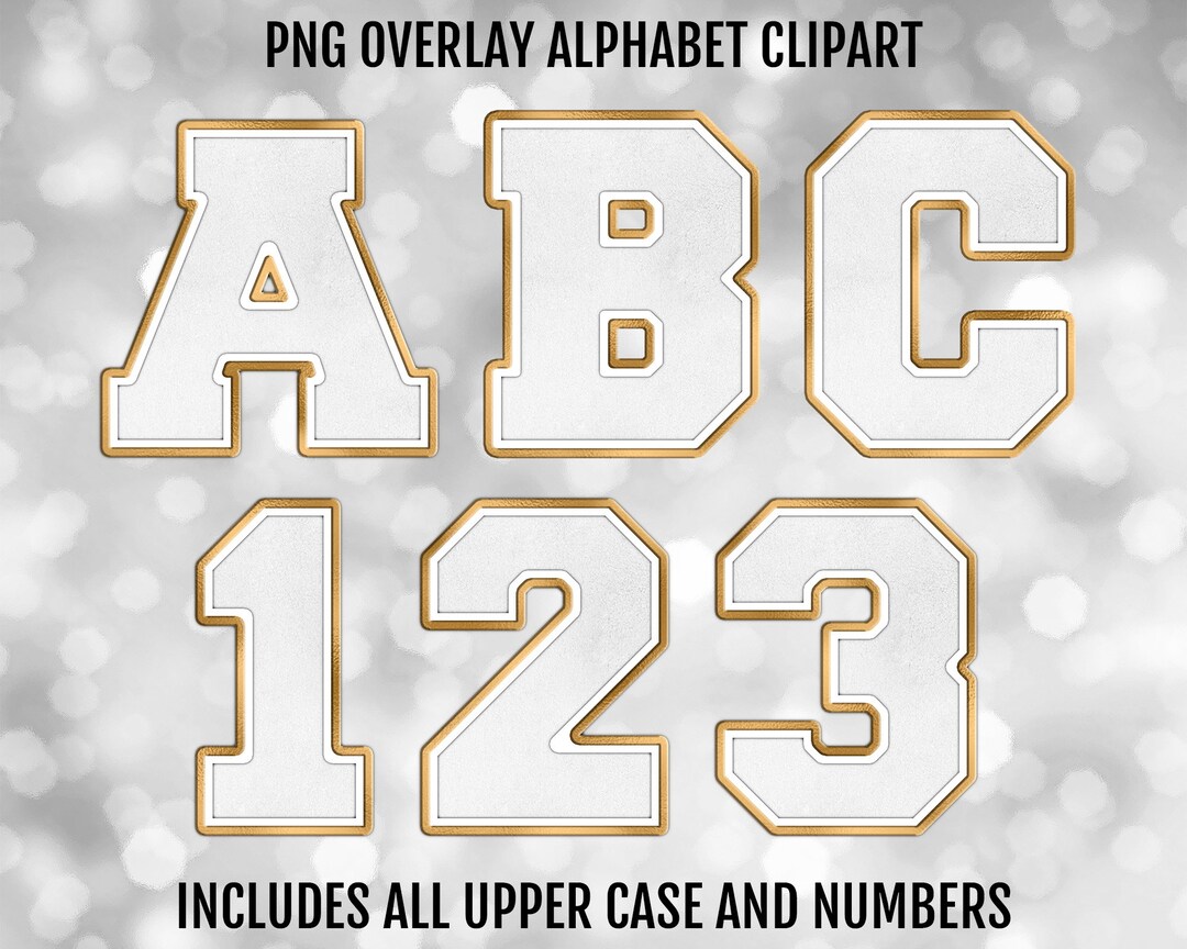 White With Gold Varsity PNG Alphabet Letters and Numbers Bundle, PNG ...