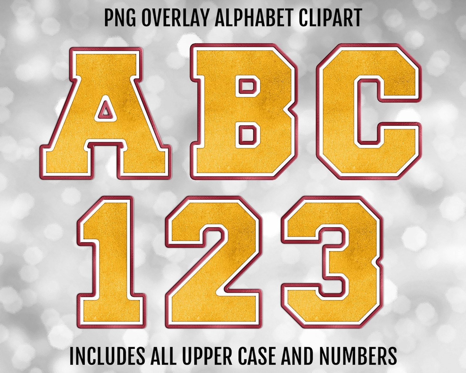 Maroon, Yellow, and White Varsity PNG Alphabet Letters and Numbers ...