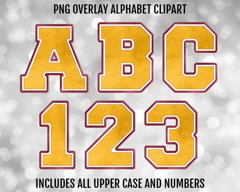 Maroon, Yellow, and White Varsity PNG Alphabet Letters and Numbers ...