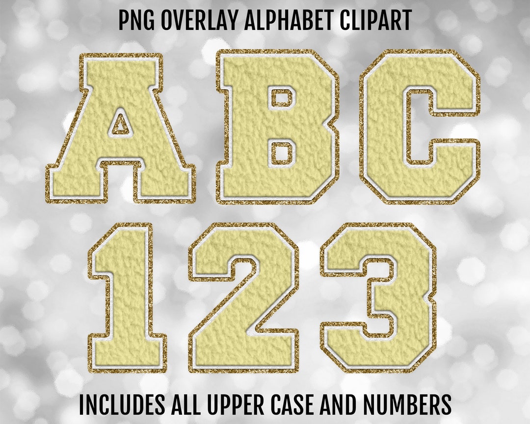Pastel Yellow and Gold Glitter Faux Chenille Varsity PNG Alphabet ...