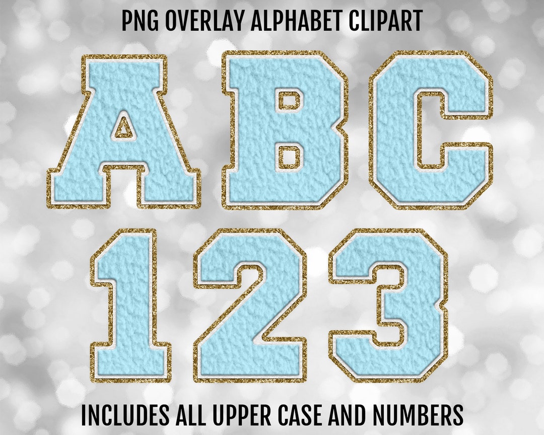 Pastel Blue and Gold Glitter Faux Chenille Varsity PNG Alphabet Letters ...